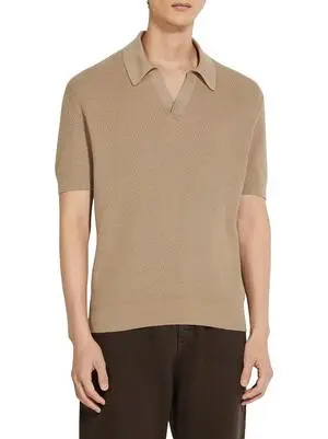 Zegna Waffle Stitch Premium Cotton Polo Sweater - Light Beige Solid