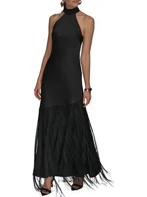 Donna Karan New York Sleeveless Fringe Gown - Black