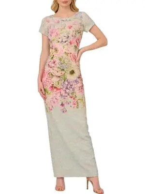 Adrianna Papell Floral Jacquard Metallic Matelasse Column Gown - Blue Multi