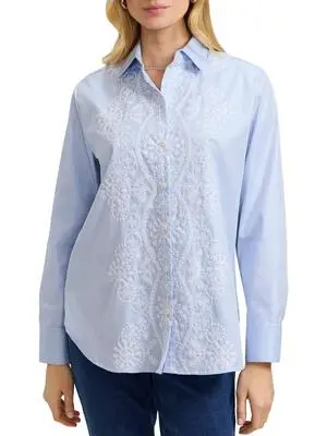 Foxcroft Meghan Striped Embroidered Button-up Shirt - Soft Blue