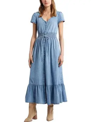 Treasure & Bond Smocked Waist Chambray Maxi Dress - Medium Wash