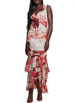 Guess Ava Ruched Ruffle Sleeveless Maxi Dress - Tropic Eclipse Print Coral