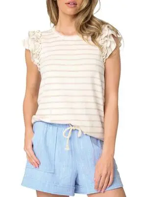 GIBSONLOOK Butterfly Stripe Ruffle Cap Sleeve Top - Oatmeal Stripe