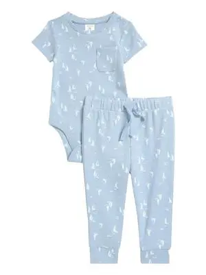 Nordstrom Patterned Cotton Romper And Joggers Set Blue Fog Sailboats