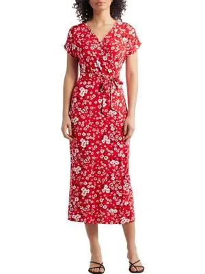 Loveappella Floral Print Faux Wrap Midi Dress - Red