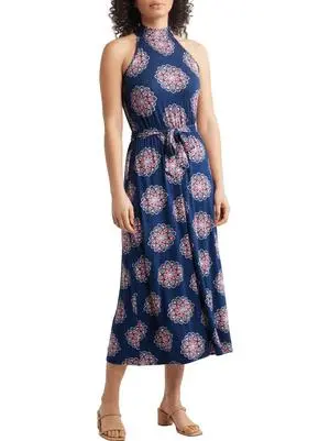Loveappella Printed Halter Midi Dress - Navy