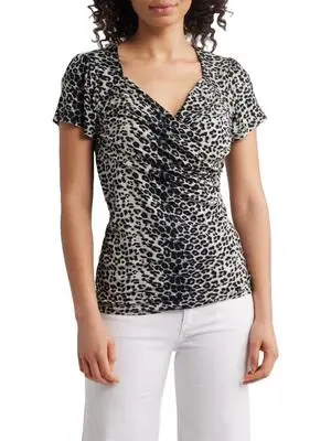 LOVEAPPELLA Loveappella Leopard Print Faux Wrap Top