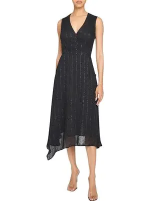 Santorelli Nia Metallic Striped Linen Midi Dress - Black