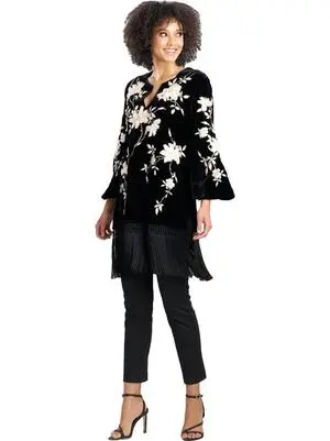 Natori Couture Velvet Silk Embroidered Fringe Tunic - Black