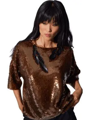 Natori Paillettes Boat Neck Top - Brown