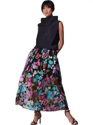 Natori Tangier Embroidered Tulle Maxi Skirt - Black / Floral / Multicolor