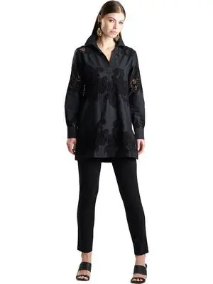 Natori Madeira Cutwork Embroidered Tunic Shirt - Black