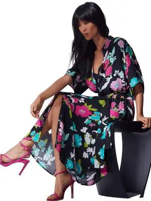 Natori Tangier Printed Silk Georgette Shirtdress - Black / Floral / Multicolor