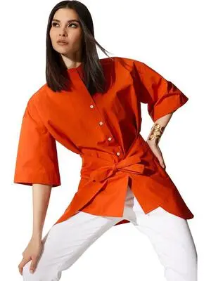 Natori Tech Cotton Taffeta Kimono Wrap Shirt - Orange