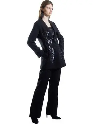 Natori Felt Embroidered Collarless Jacket - Black