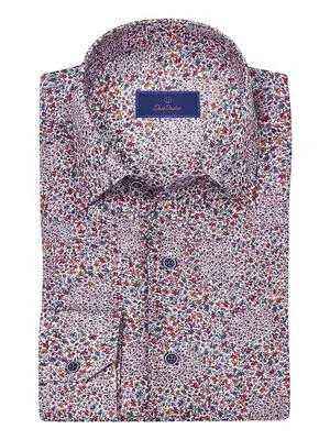 David Donahue Regular Fit Micro Floral Print Linen Sport Shirt - Berry/multi