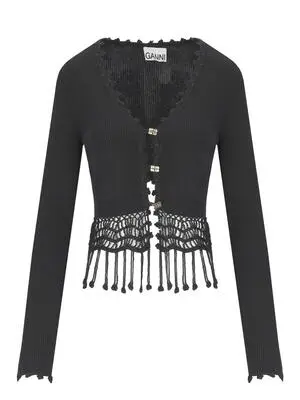 GANNI Crochet Cropped Cardigan - Black