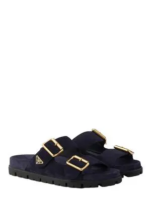 Prada Suede Strap Slides - Navy