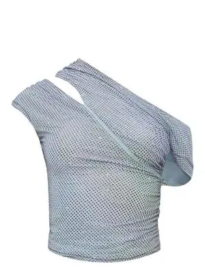SELF-PORTRAIT Rhinestone-embellished One-shoulder Top - Blue