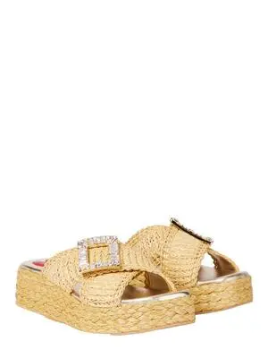 ROGER VIVIER Embellished Raffia Espadrille Slides - Beige