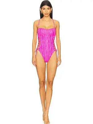 Luli Fama Square Neck Laced Up One Piece - Fuchsia