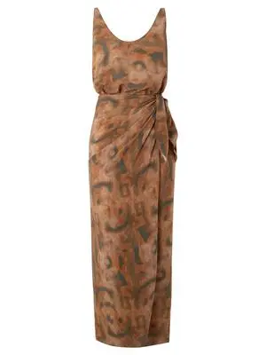 CORTANA Mala Printed Silk Maxi Wrap Dress - Brown