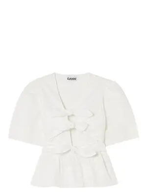 GANNI Belted Tie-detailed Cotton-blend Poplin Blouse - White