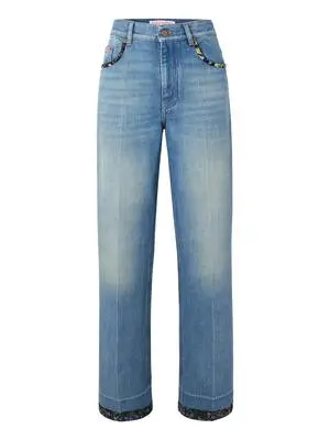 Valentino Garavani Printed Chiffon-trimmed Straight-leg Jeans - Blue