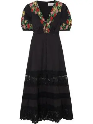Saloni Lea Floral-print Cotton-voile Midi Dress - Black