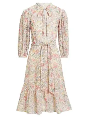 MIKAEL AGHAL Belted Printed Broderie Anglaise Midi Dress - Multicolor
