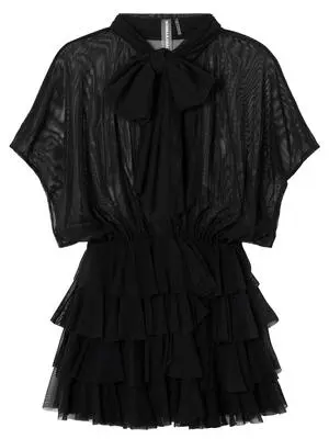Norma Kamali Lauren Bow-detailed Tiered Ruffled Tulle Mini Dress - Black