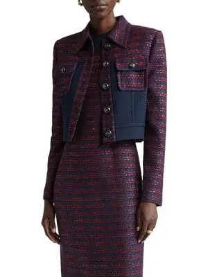 St. John Colorblock Tweed Crop Jacket - Midnight/ Geranium Multi