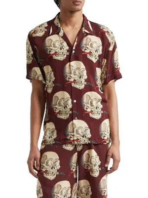 ENDLESS JOY Skull Print Camp Shirt - Oxblood