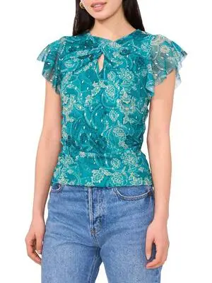 Vince Camuto Flutter Sleeve Clip Dot Mesh Top - Cool Lapis