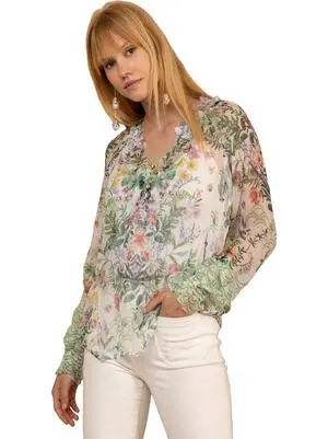 Hale Bob Monica Silk Floral Applique Top - Neutral