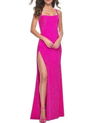 LABOMME Rhinestone-embellished Jersey Gown - Hot Fuchsia