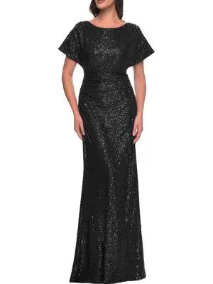 La Femme Sequin Evening Dress - Black