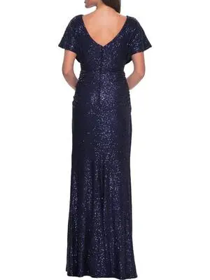 La Femme Sequin Evening Dress - Navy