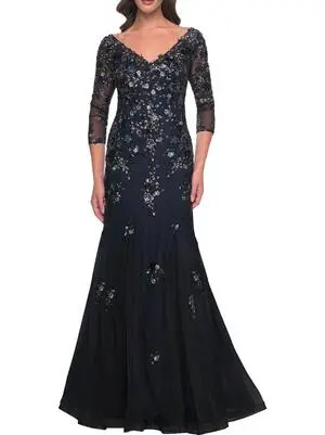 La Femme Mermaid Sequin Lace Applique Gown With V-neckline - Black/navy