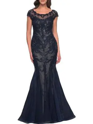 La Femme Mermaid Lace Dress With Cap Sleeves - Navy