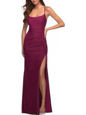 LABOMME Jersey Luxe Gown With Draped Slit - Berry