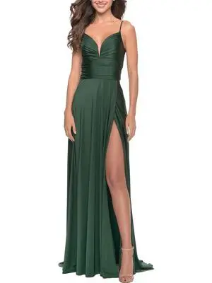 La Femme La Femme Long Jersey Gown With Slit Emerald