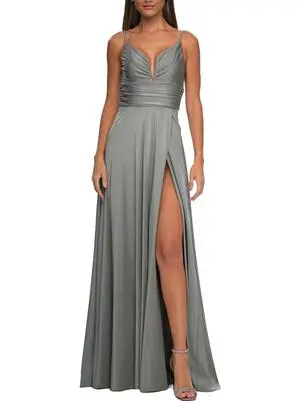 La Femme La Femme Long Jersey Gown With Slit Silver