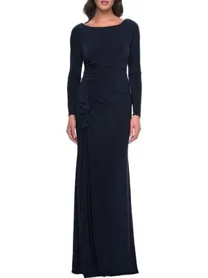 La Femme Jersey Gown With Ruffle Detail - Navy