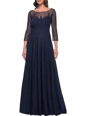 La Femme Rhinestone Embellished A-line Evening Dress - Navy