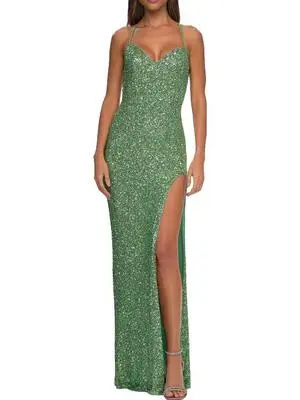 LABOMME La Femme Stretch Sequin Gown With Open Back Sage