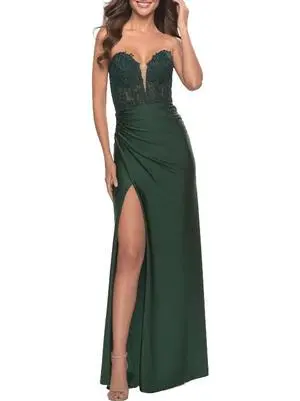La Femme Long Dress With Lace Bodice - Dark Emerald