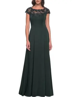La Femme A-line Satin Gown With Beaded Neckline - Emerald