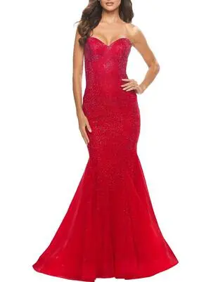 La Femme Rhinestone Mermaid Gown - Red