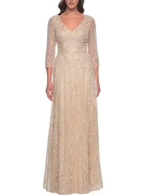 La Femme Beaded Sequin Gown With Ruched Waist - Champagne